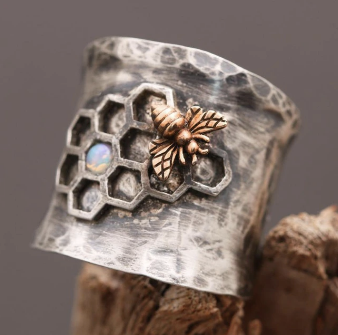 Handmade Bee Beehive Silver Gold Honeybee Queen Bee Rings Earrings ...