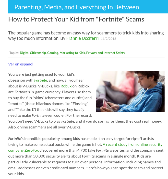 "How to protect kids from 'Fortnite' scams" from Common Sense Media ...