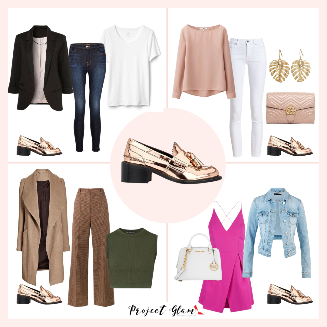 Mocasín dorado: ideas de outfits glam — Project Glam