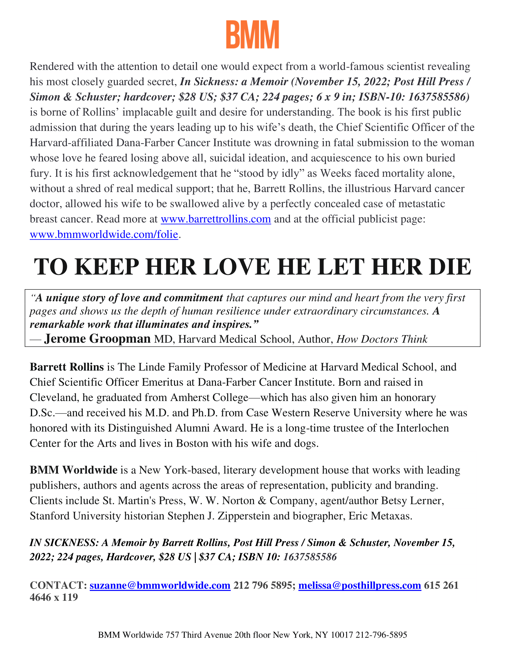 In Sickness | Book by Barrett Rollins | Official Publicist Page : BMM ...