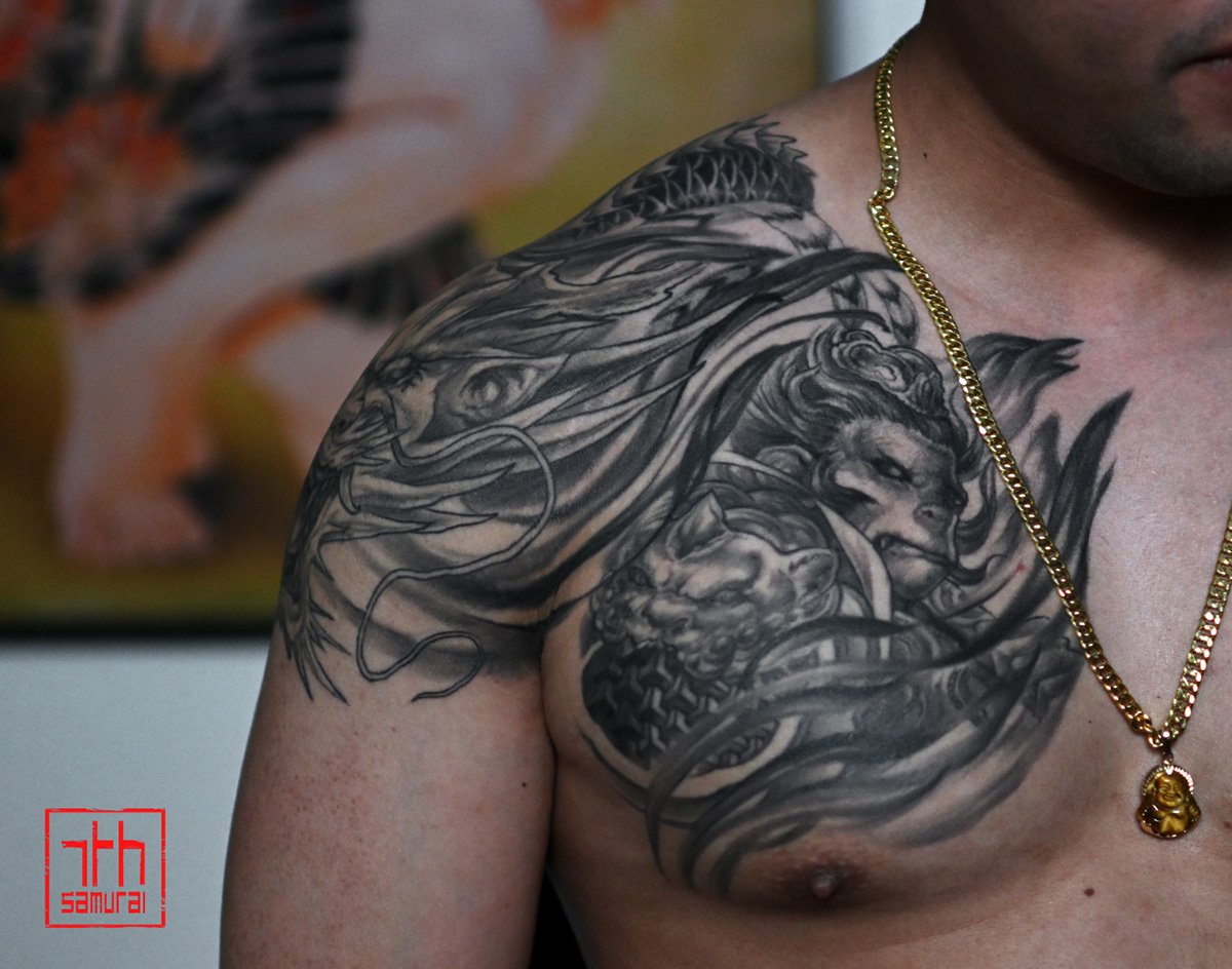 vu monkey king sun wukong phoenix dragon chest tattoo neo japanese ...