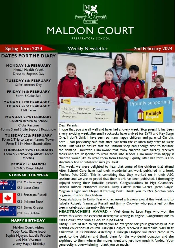 School Newsletter — Maldon Court Preparatory School