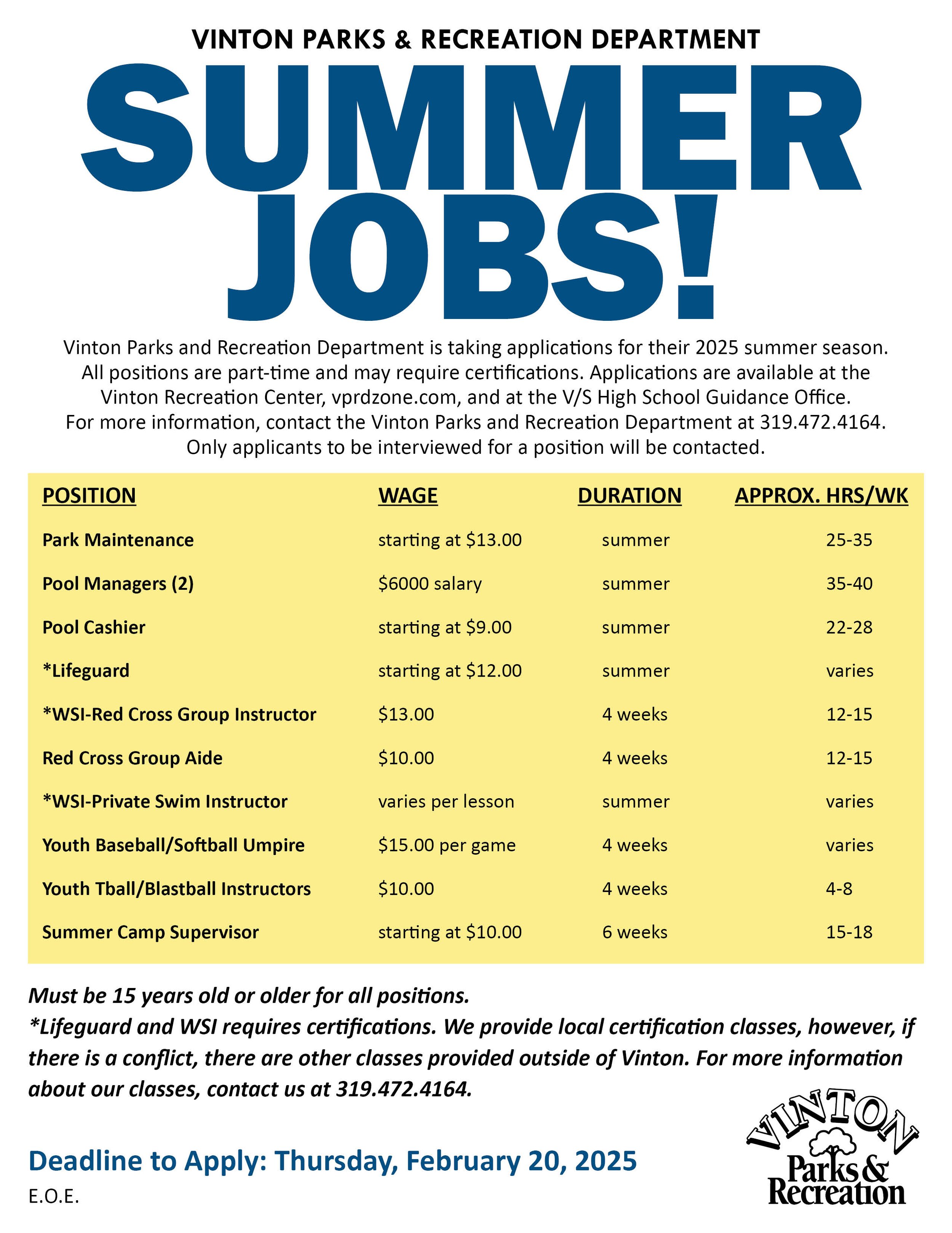 Jobs — Vinton Parks & Recreation Department
