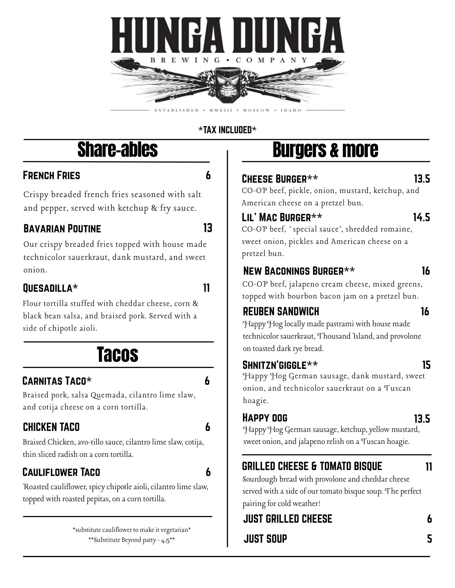 Food and Tap Menu — Hunga Dunga Brewing