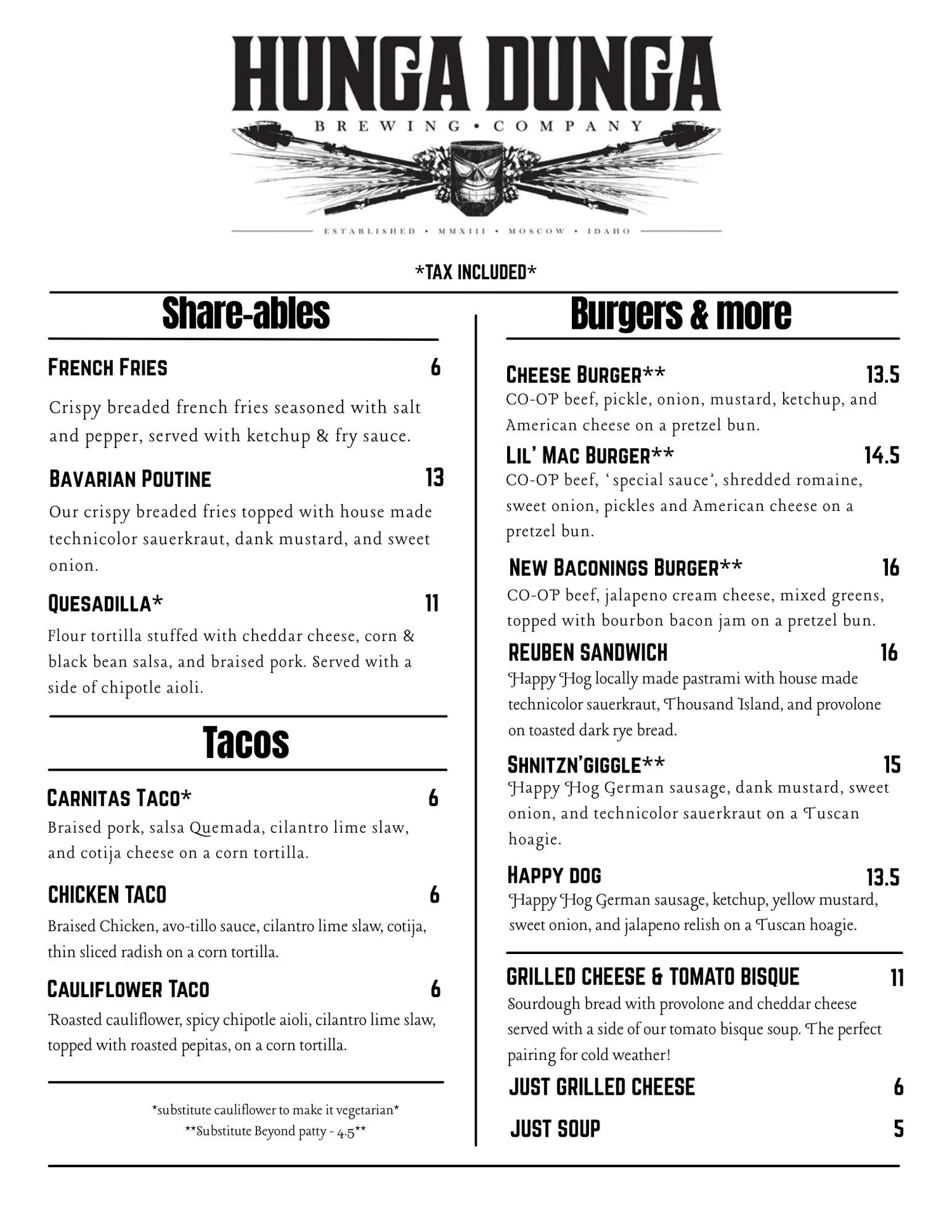 Food and Tap Menu — Hunga Dunga Brewing