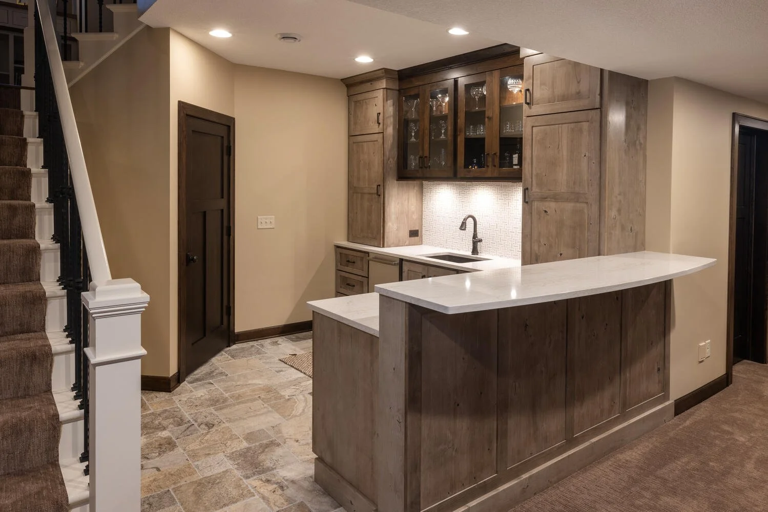 Cozy Lakeville Lower level Bar + Bathroom Remodel — Shaeffer Design Build
