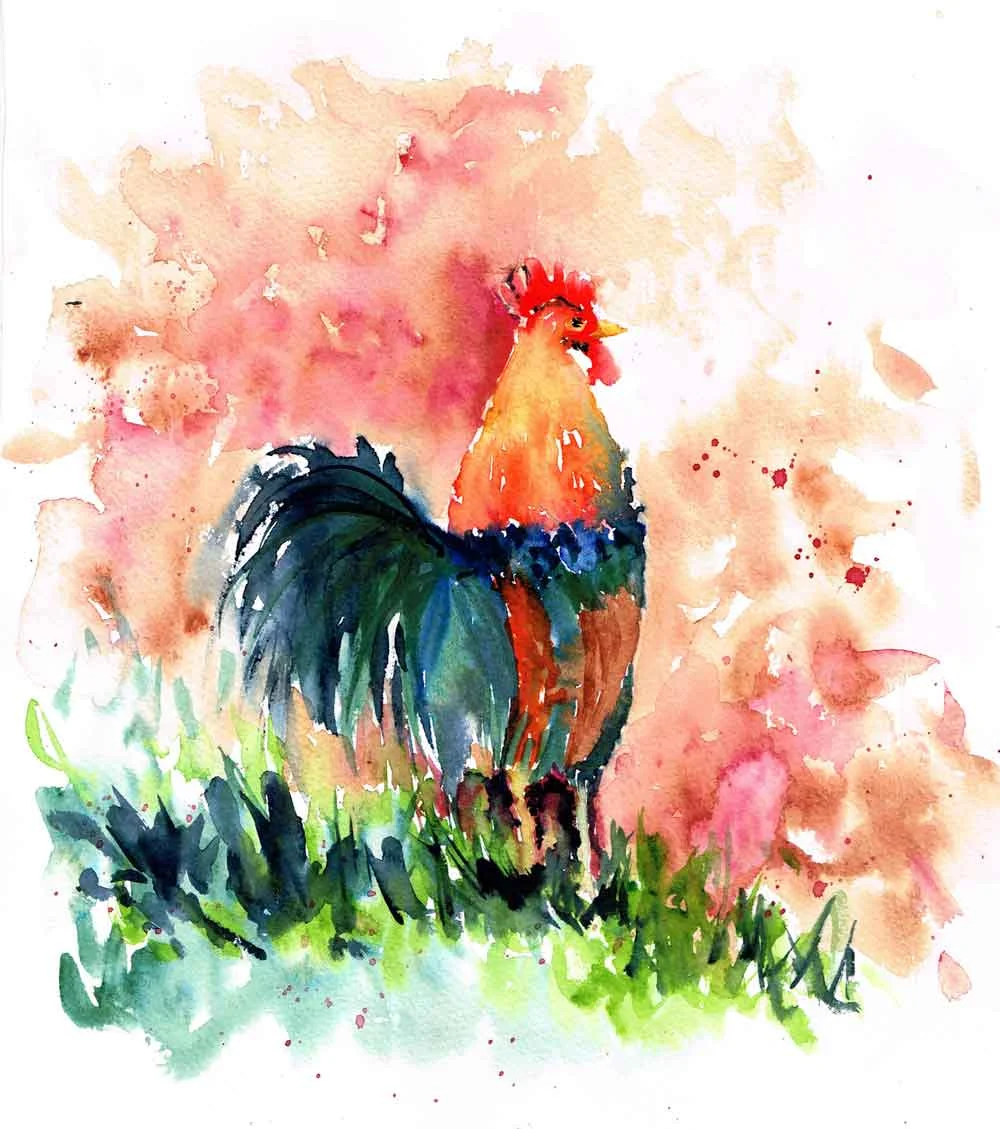 Paint a rooster in watercolour... and instantly lift your mood ...