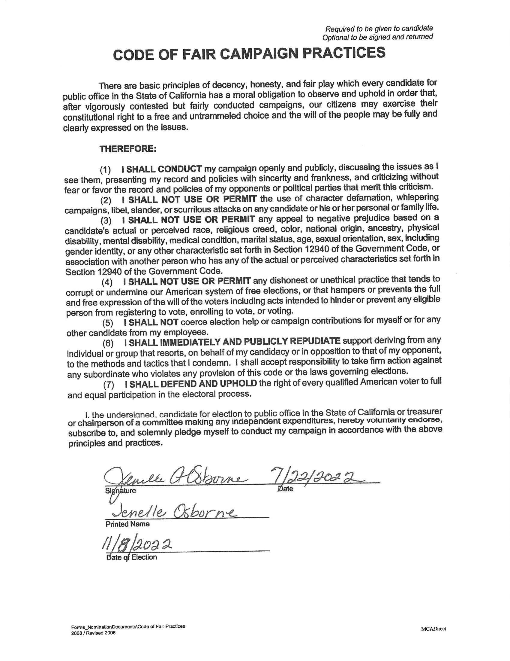 Fair Campaign Code — Osborne for Mayor 2022