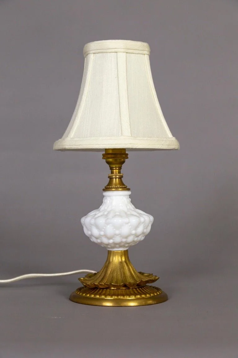 Mini White Hobnail Glass & Brass Boudoir Lamp w/ Shade — DOGFORK