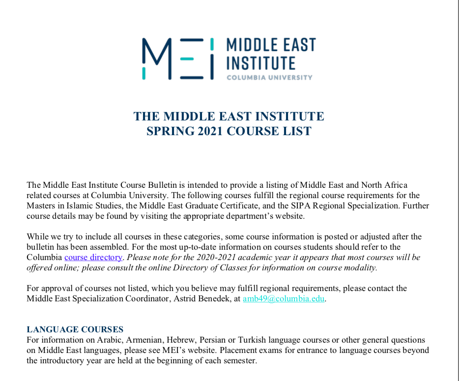 THE MIDDLE EAST INSTITUTE SPRING 2021 COURSE LIST — Middle East Institute