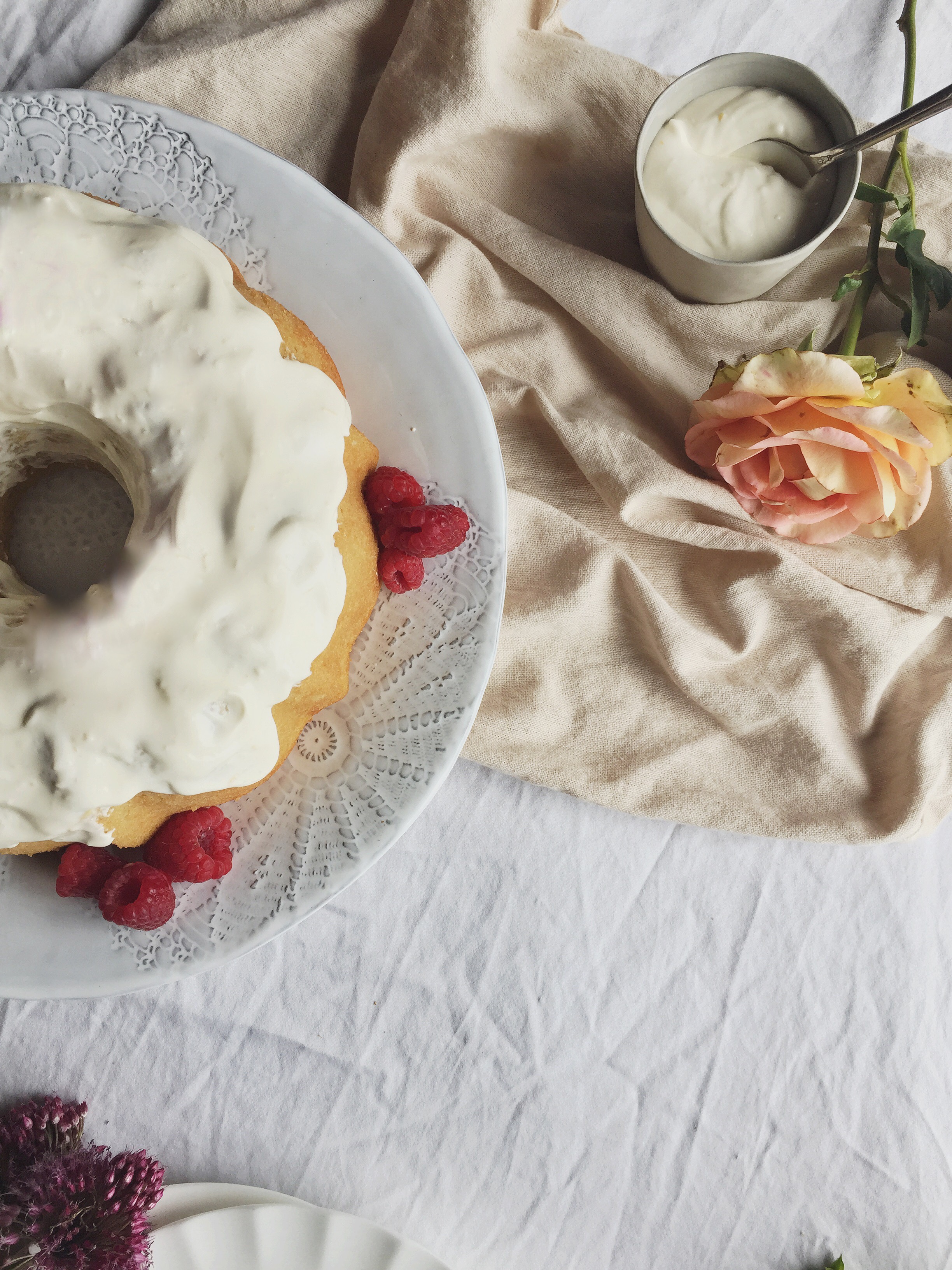Raspberry Olive Oil Bundt Cake + Lemon Cream Cheese Glaze — L | E