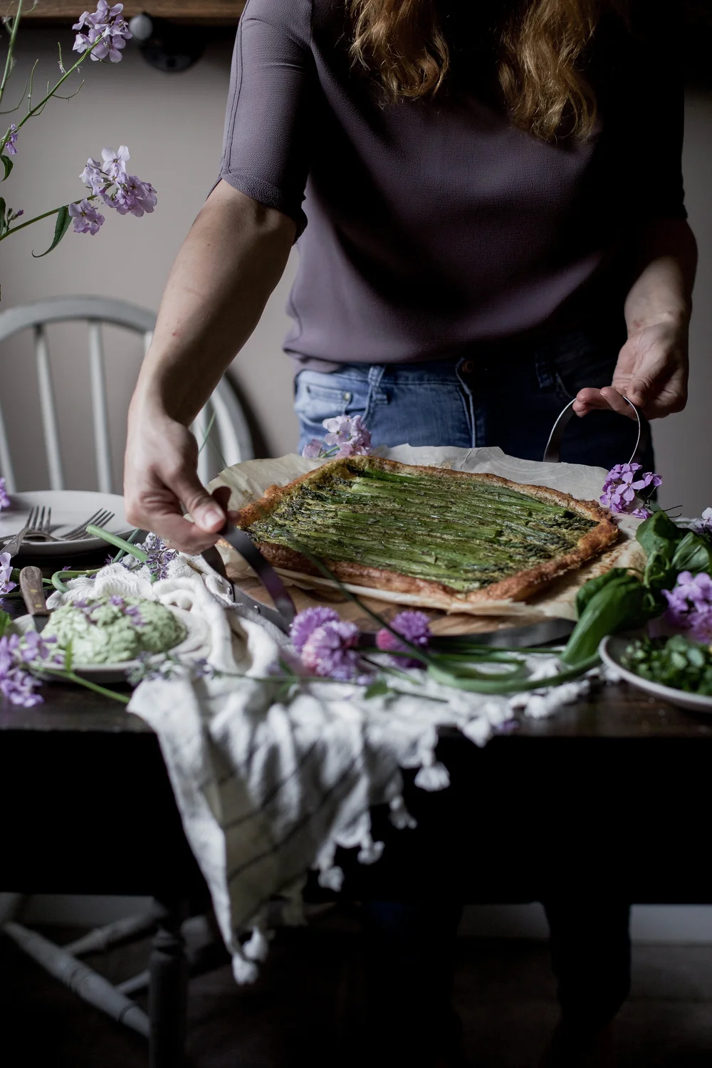 creamy garlic scape + chive flower pesto & asparagus tart — L | E