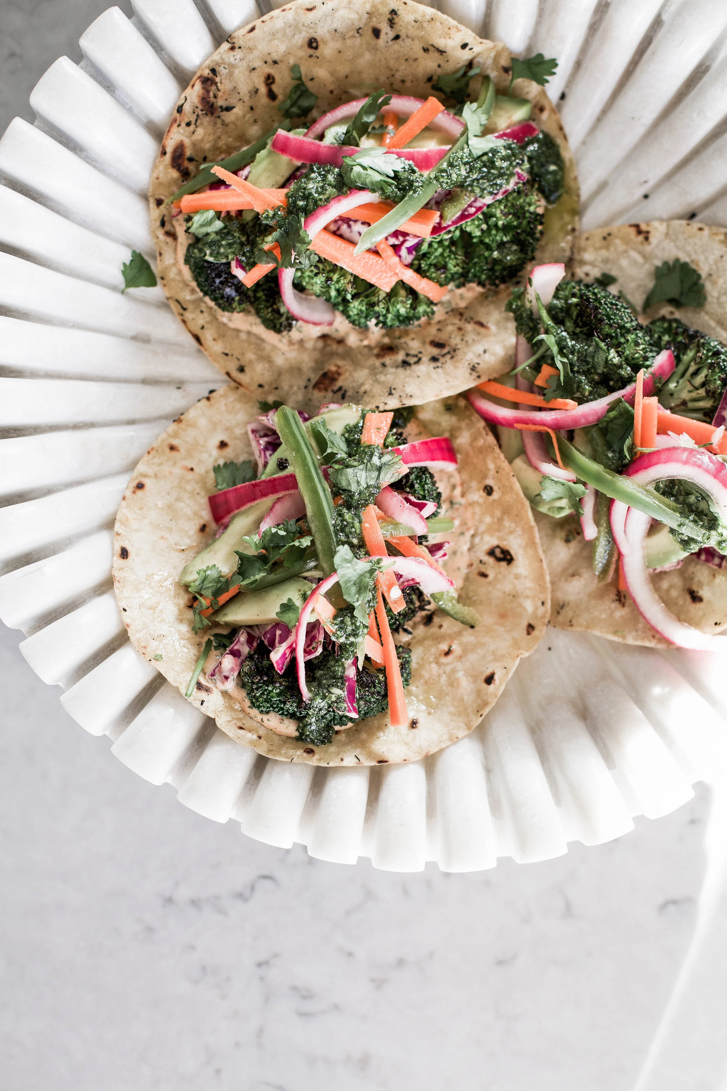 charred broccoli tacos with chipotle cabbage + cilantro herb oil ...