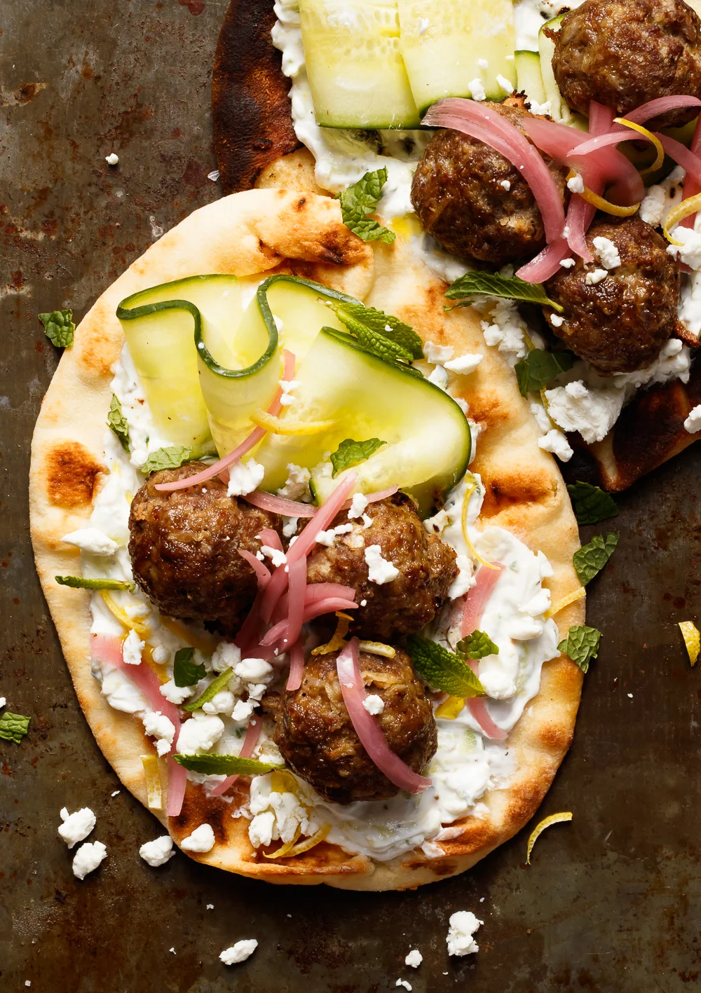 Greek Inspired Meatball Flatbreads with Cucumber Yogurt Sauce and Goat ...