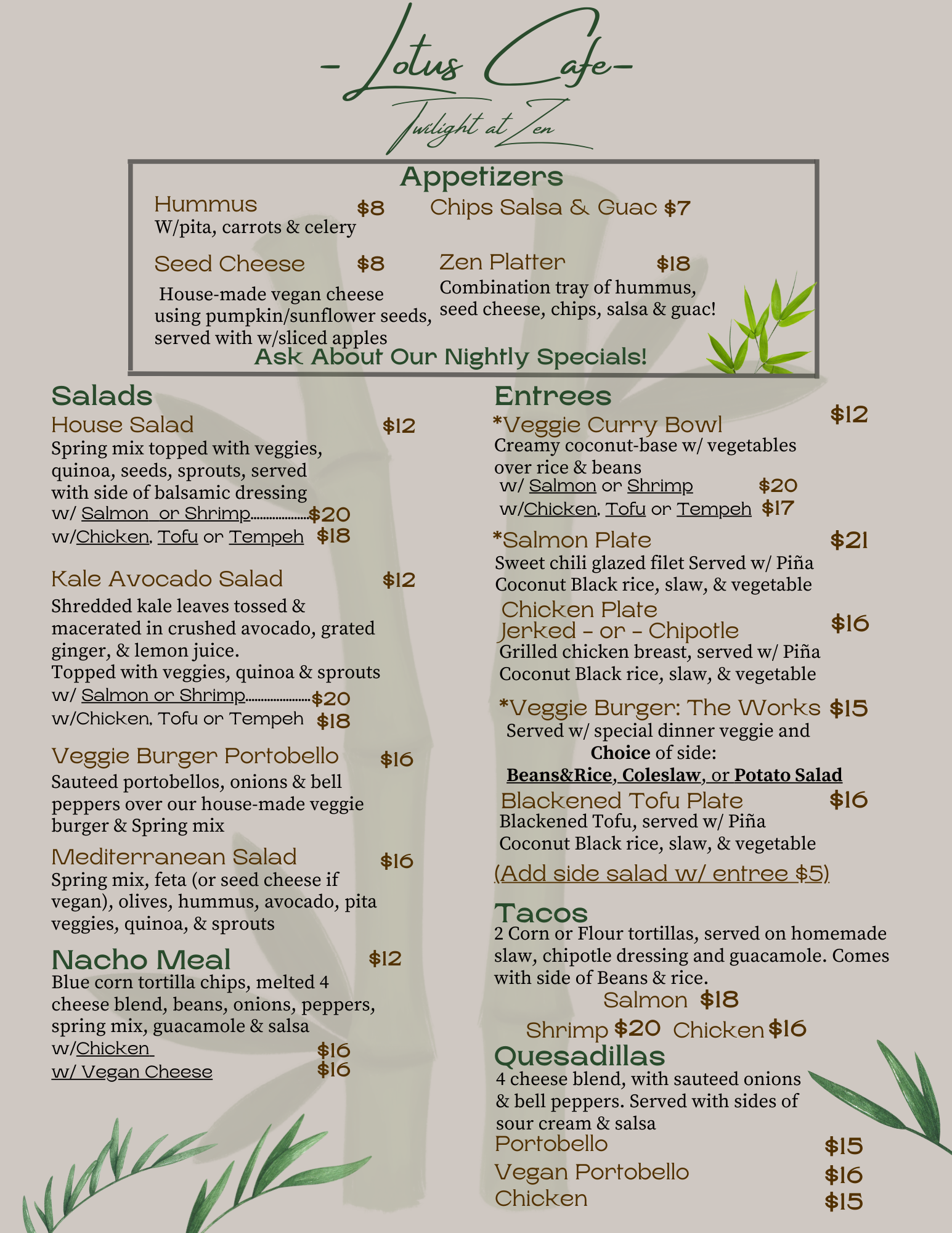Menu - Lotus Cafe & Juice Bar. Lotus at Twilight.