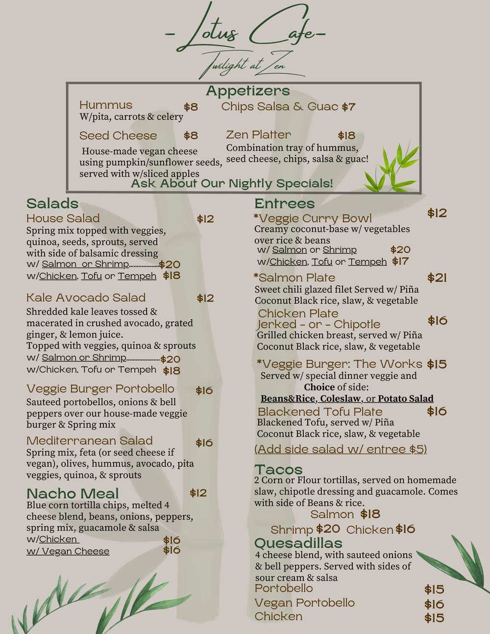 Menu - Lotus Cafe & Juice Bar. Lotus at Twilight.
