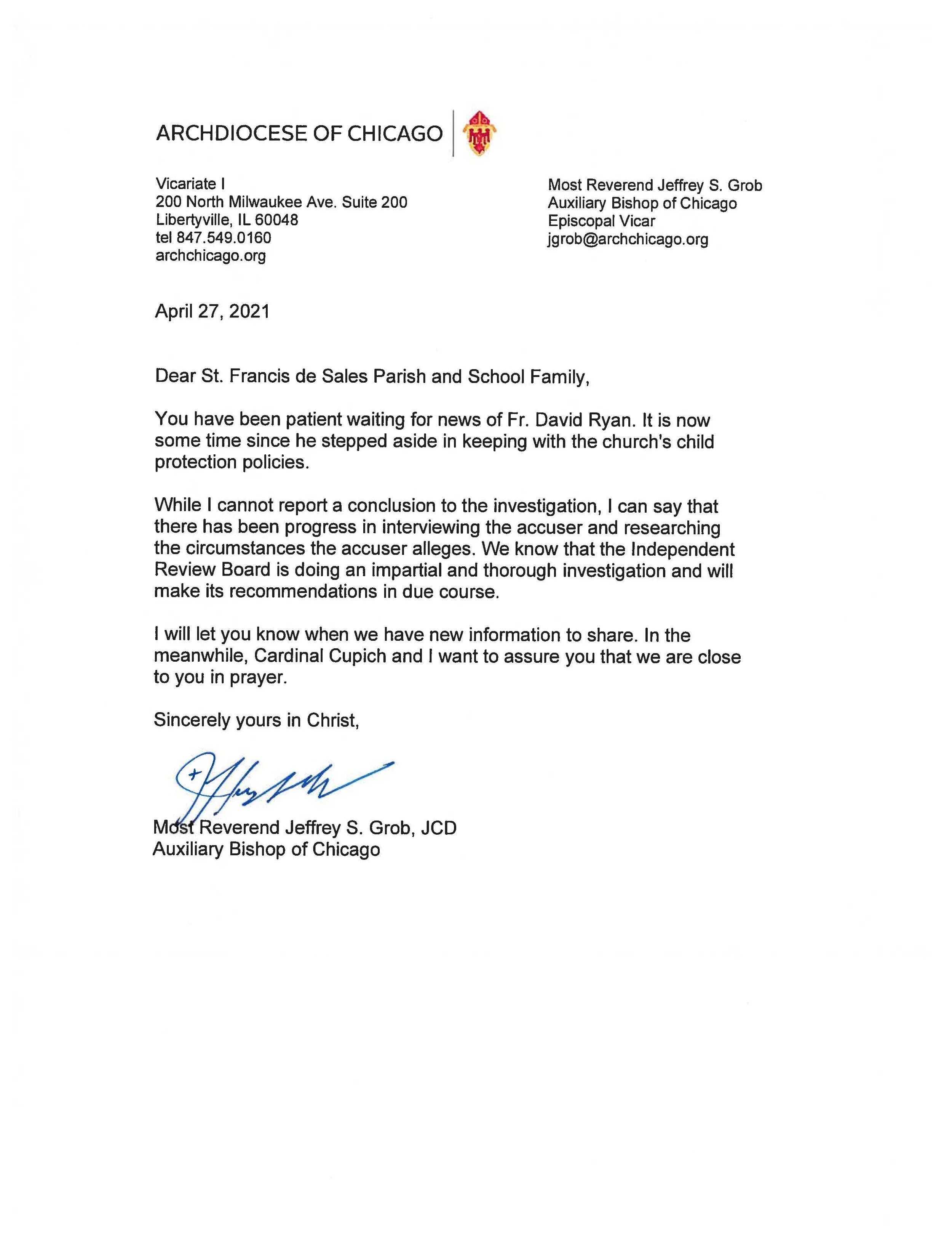 Letter from Cardinal Cupich on Fr Ryan Update [April 27, 2021] — St ...