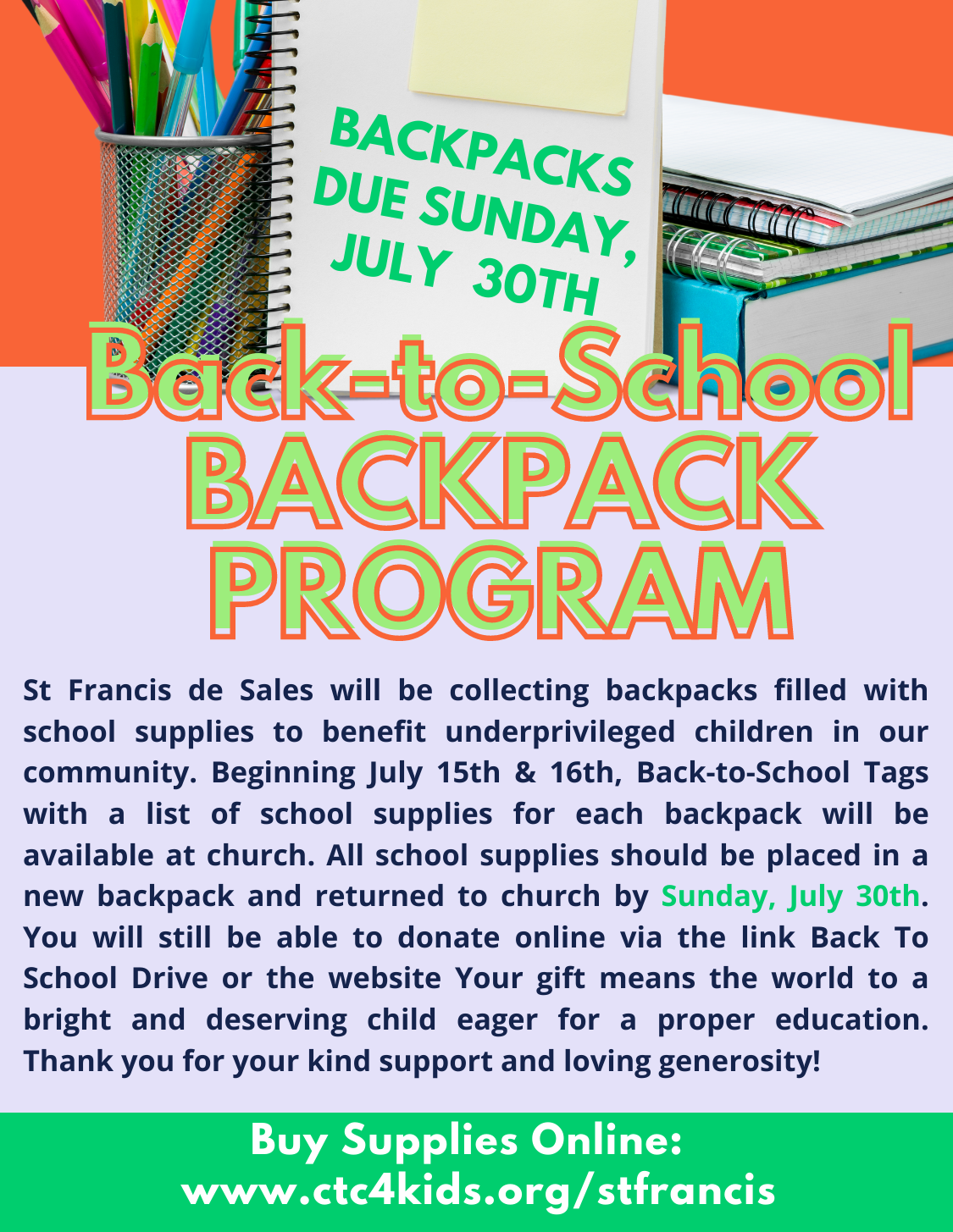Back-to-School Backpack Program! — St. Francis de Sales Catholic Parish