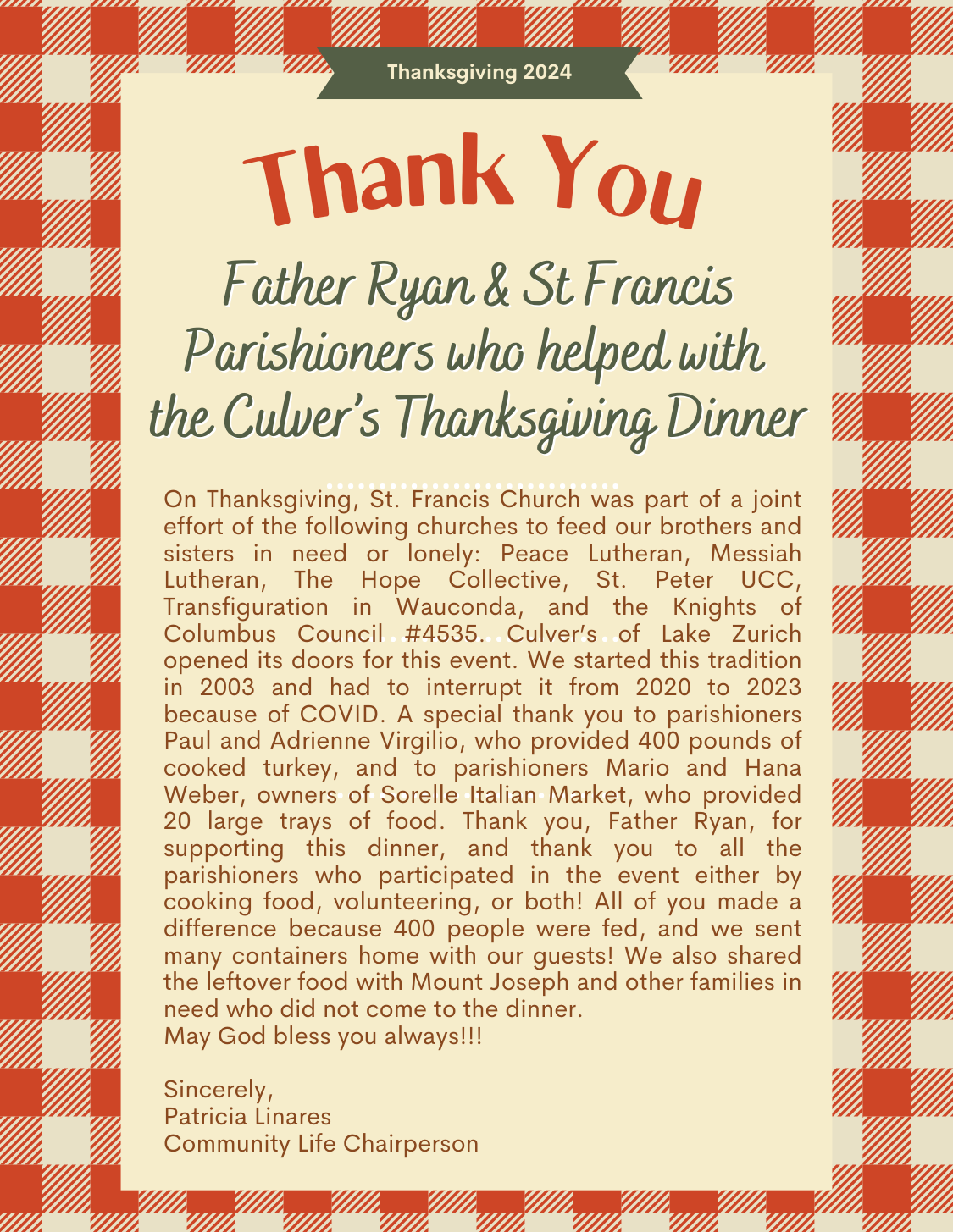 Culver's Thanksgiving Thank You — St. Francis de Sales Catholic Parish
