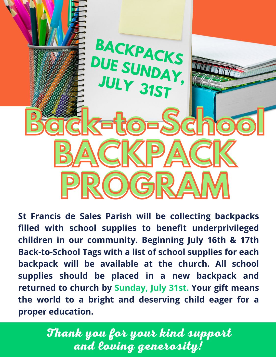 Back-to-School Backpack Program — St. Francis de Sales Catholic Parish
