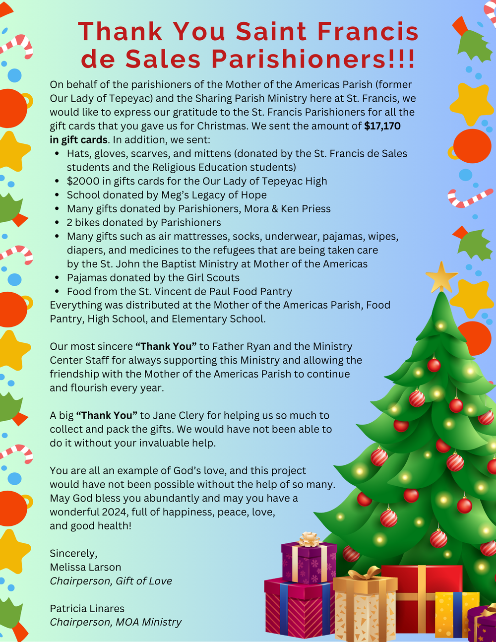 Thank You Saint Francis de Sales Parishioners!!! — St. Francis de Sales ...