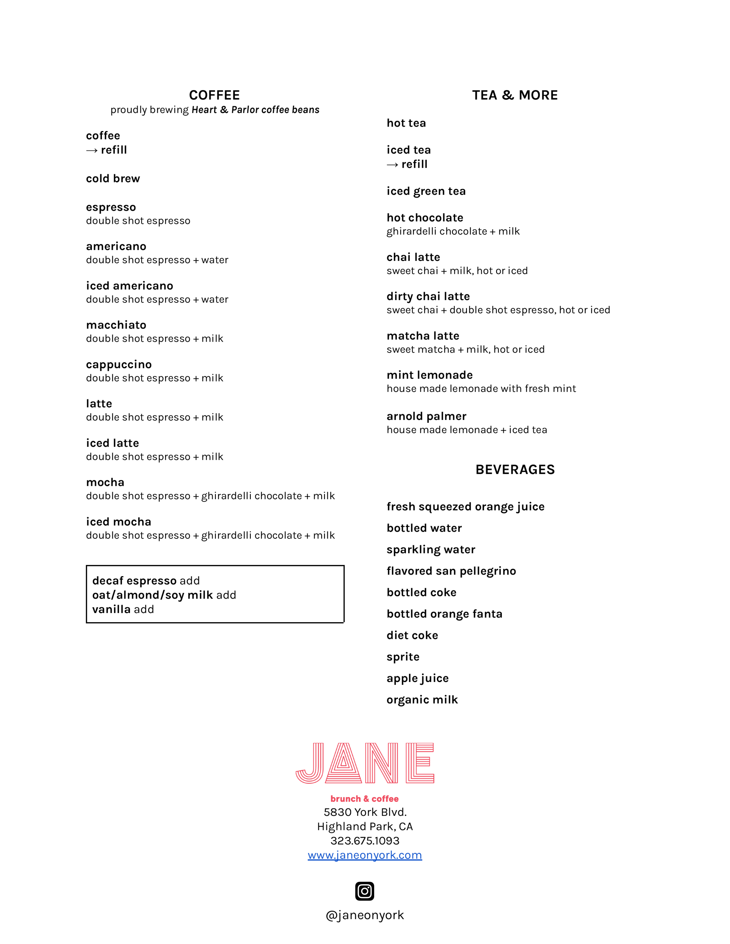 MENU — JANE ON YORK