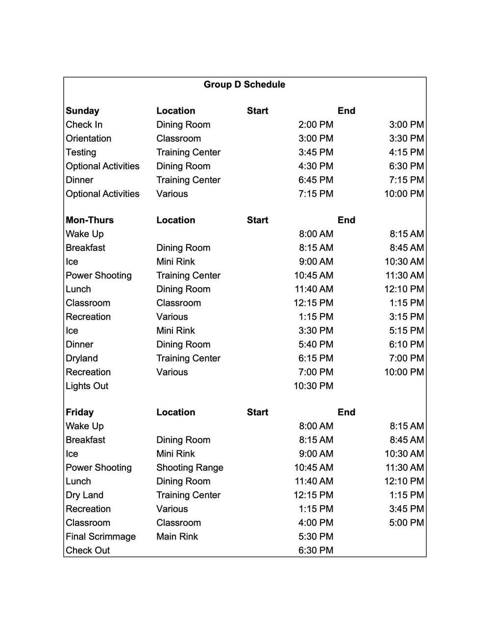 Daily Camp Schedule Heartland Hockey Camp — Heartland Hockey
