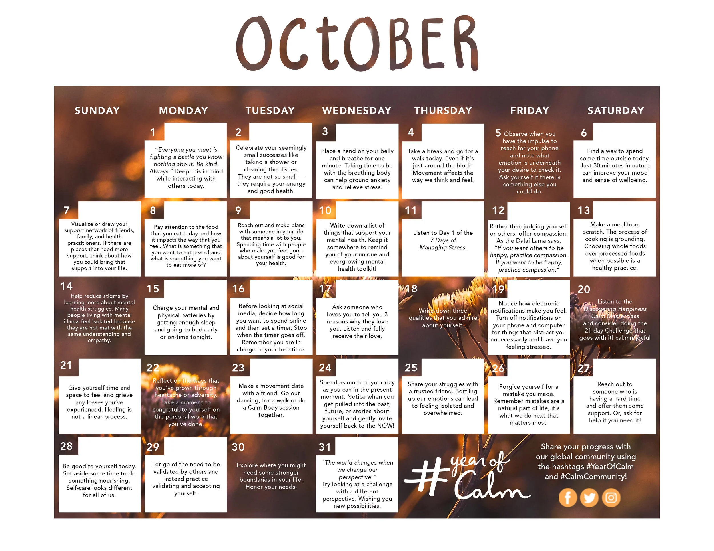 Take care of your mental health with October's mindful living calendar ...