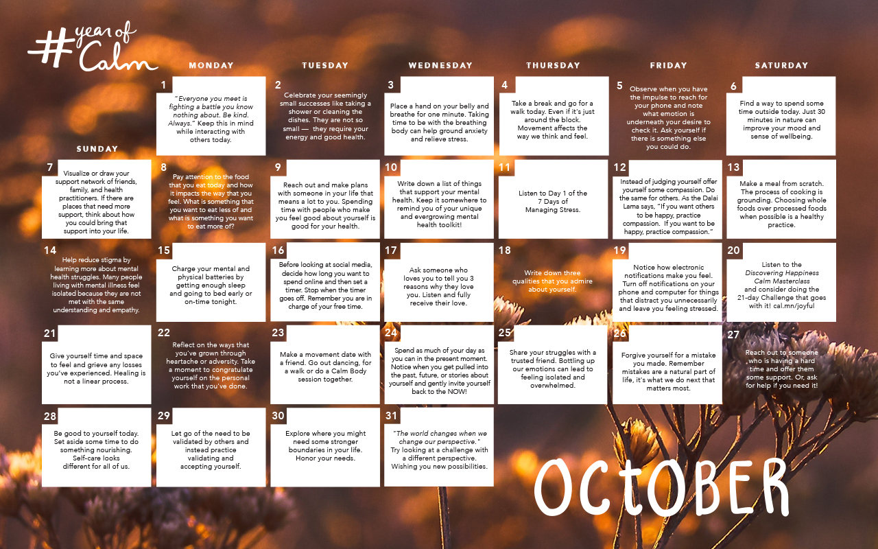 Take Care of Your Mental Health with October's Mindful Living Calendar ...