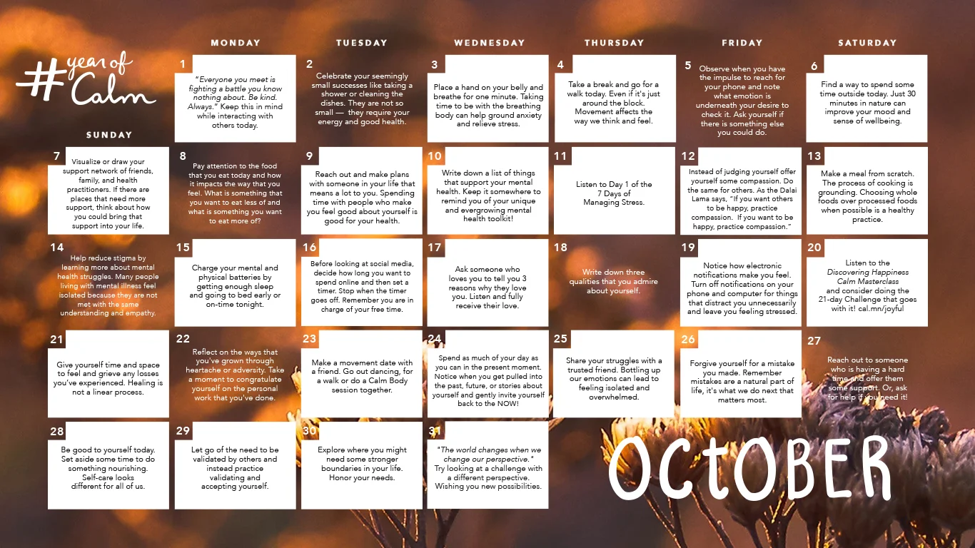 Take care of your mental health with October's mindful living calendar ...