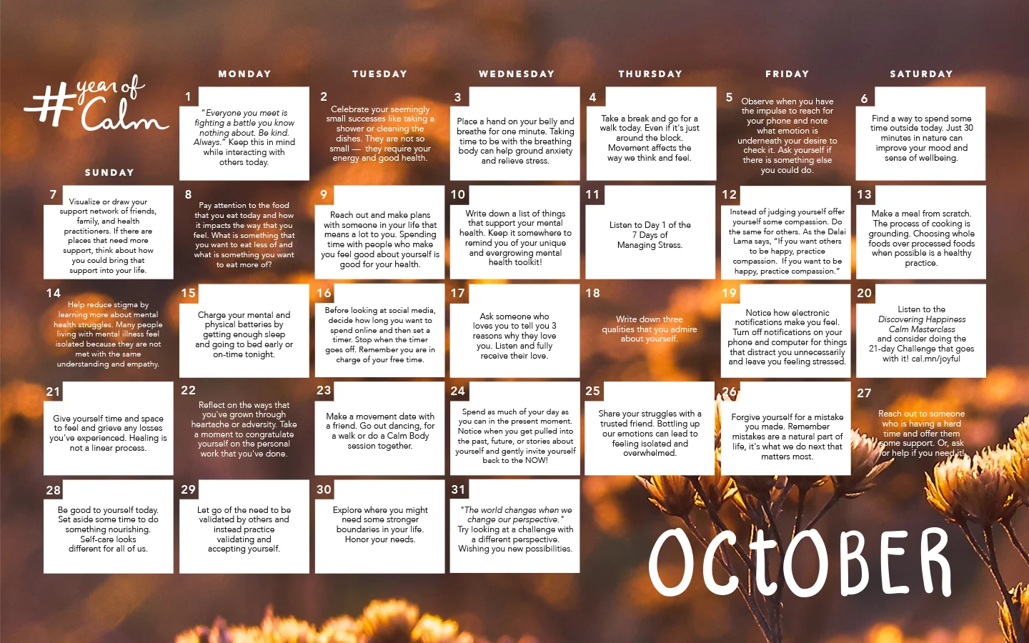 Take care of your mental health with October's mindful living calendar ...