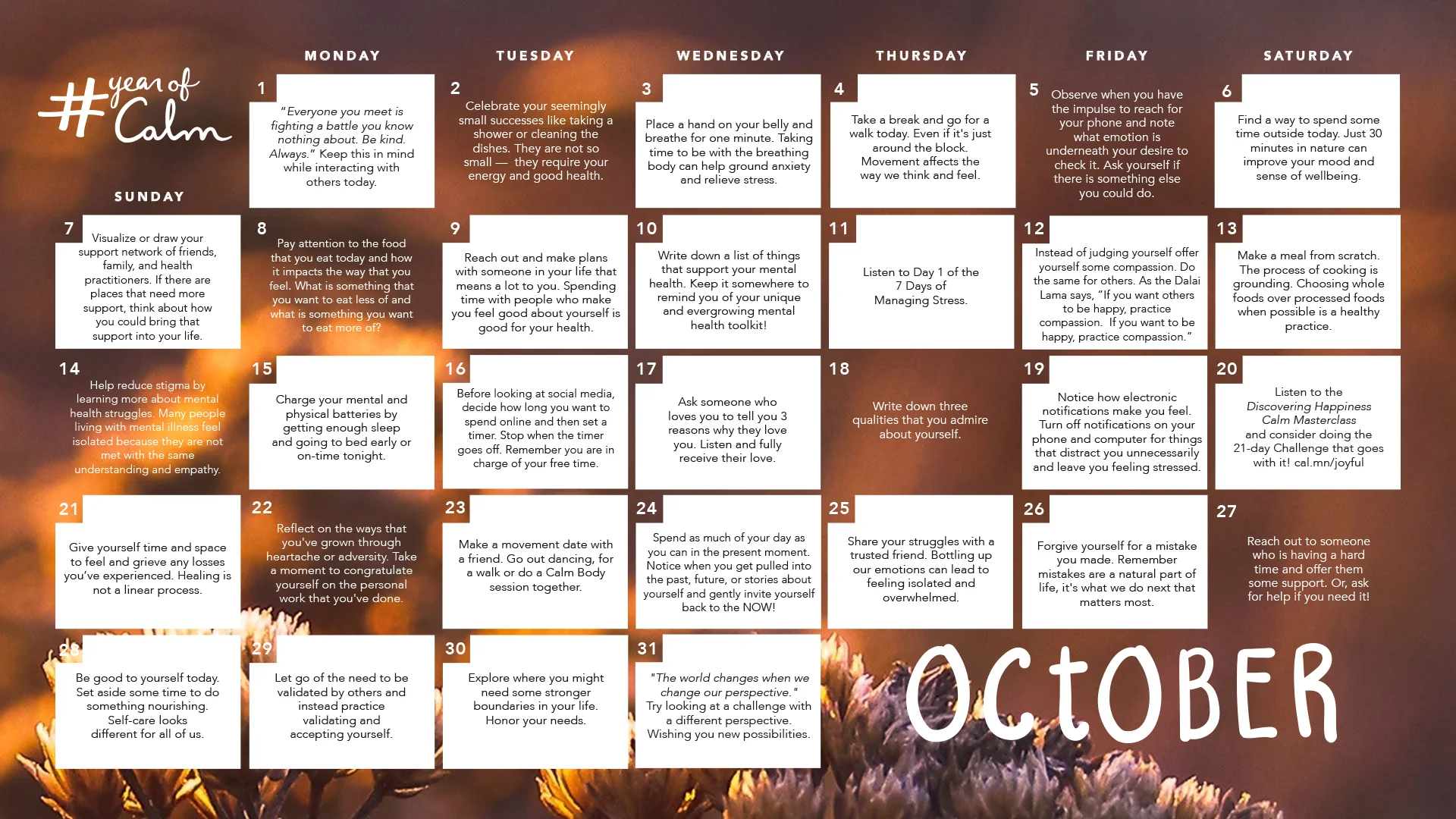 Take care of your mental health with October's mindful living calendar ...