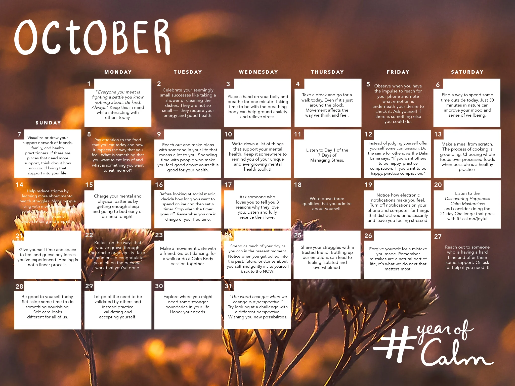 Take care of your mental health with October's mindful living calendar ...