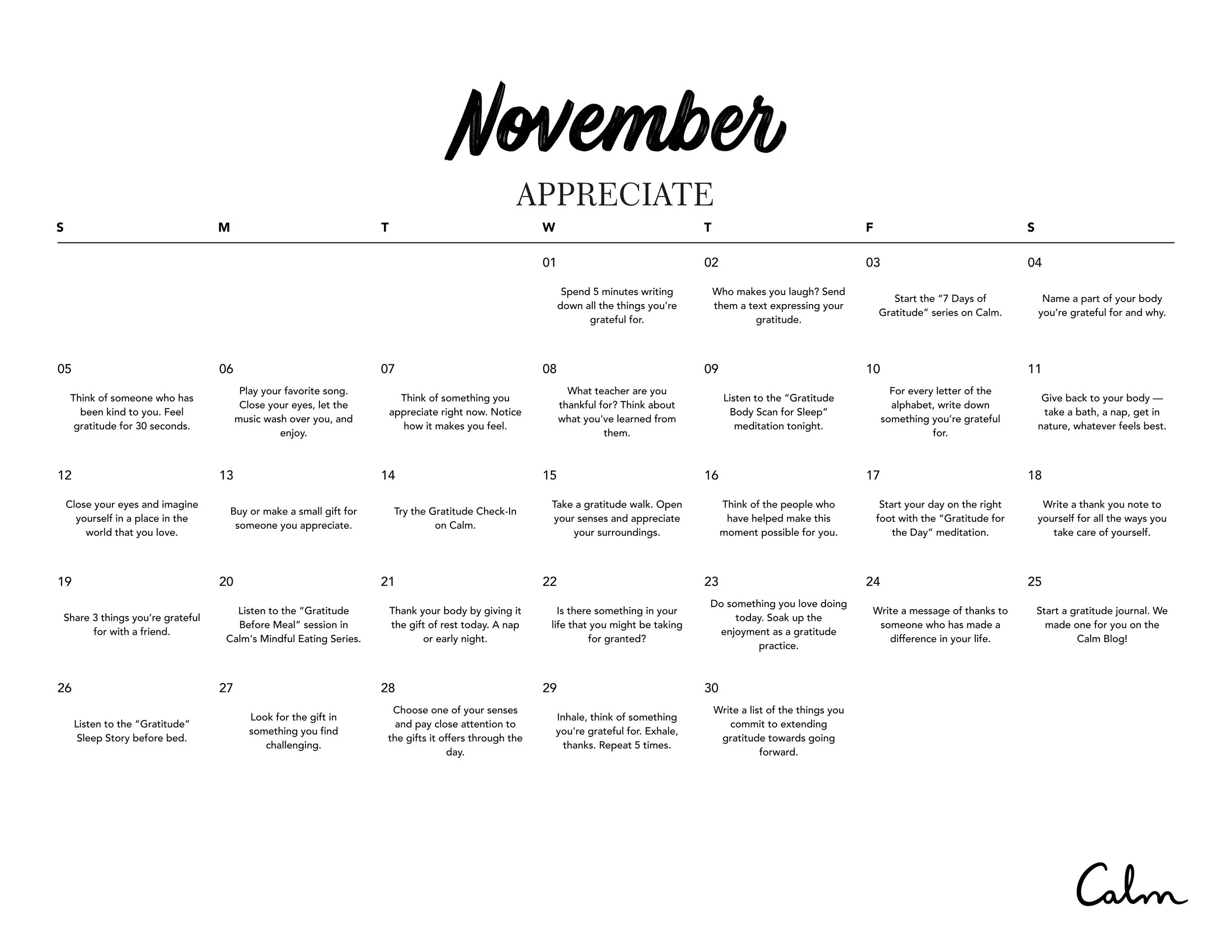 November 2023 Calm Calendar: How appreciating the small things can ...