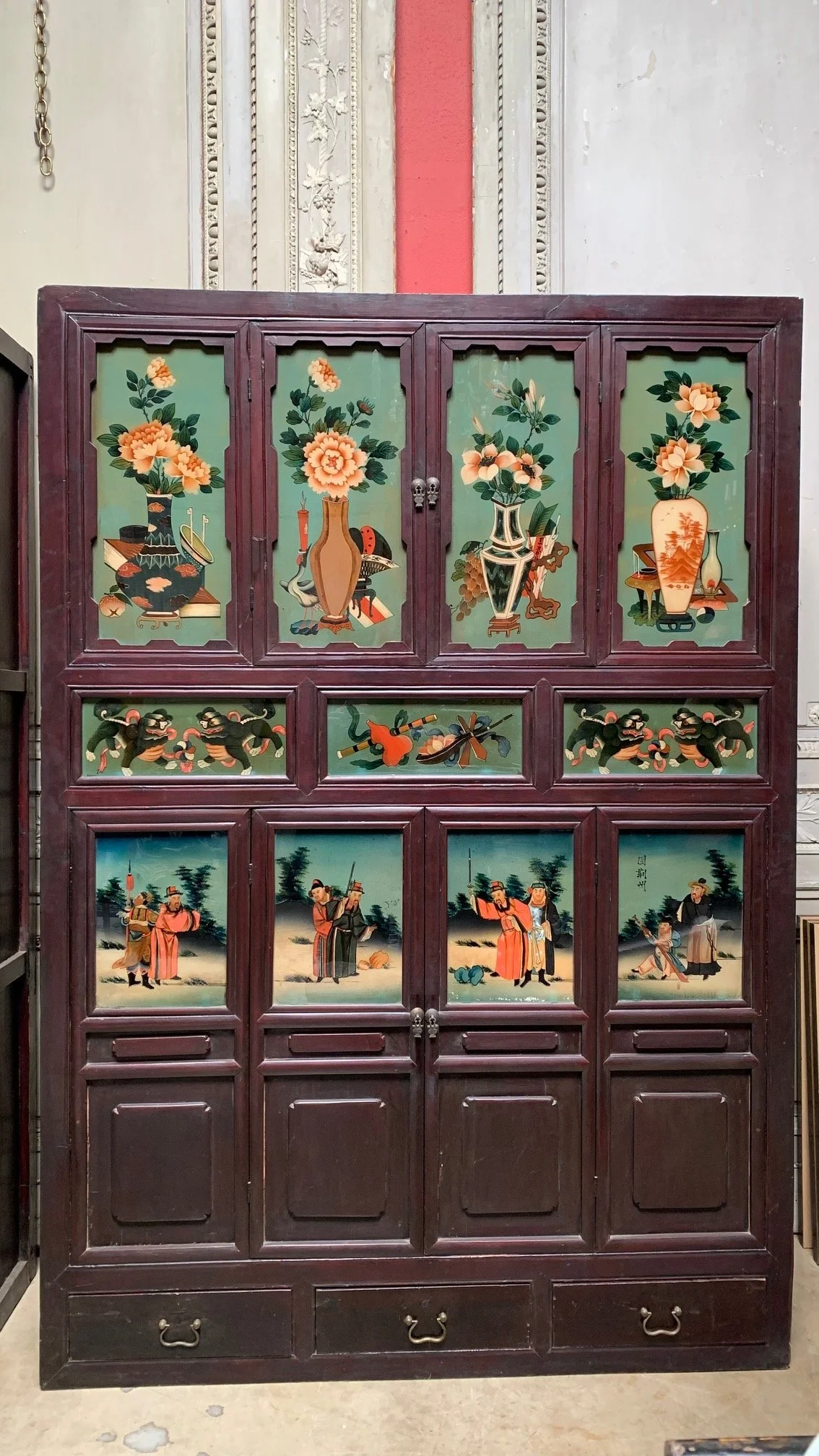 Pair of Antique Chinese Cabinets with Reverse Painted Glass Panels ...