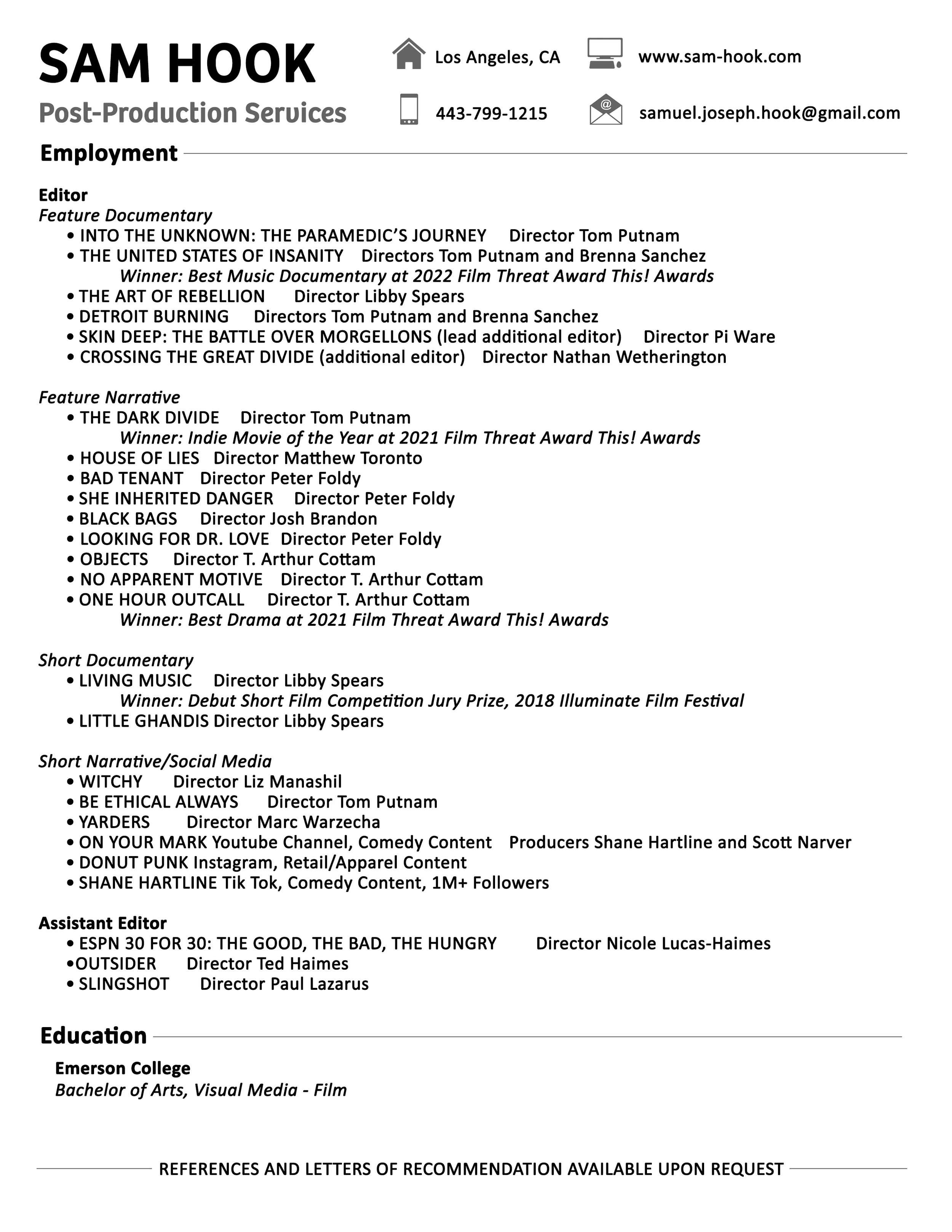 Resume — Sam Hook - Editor