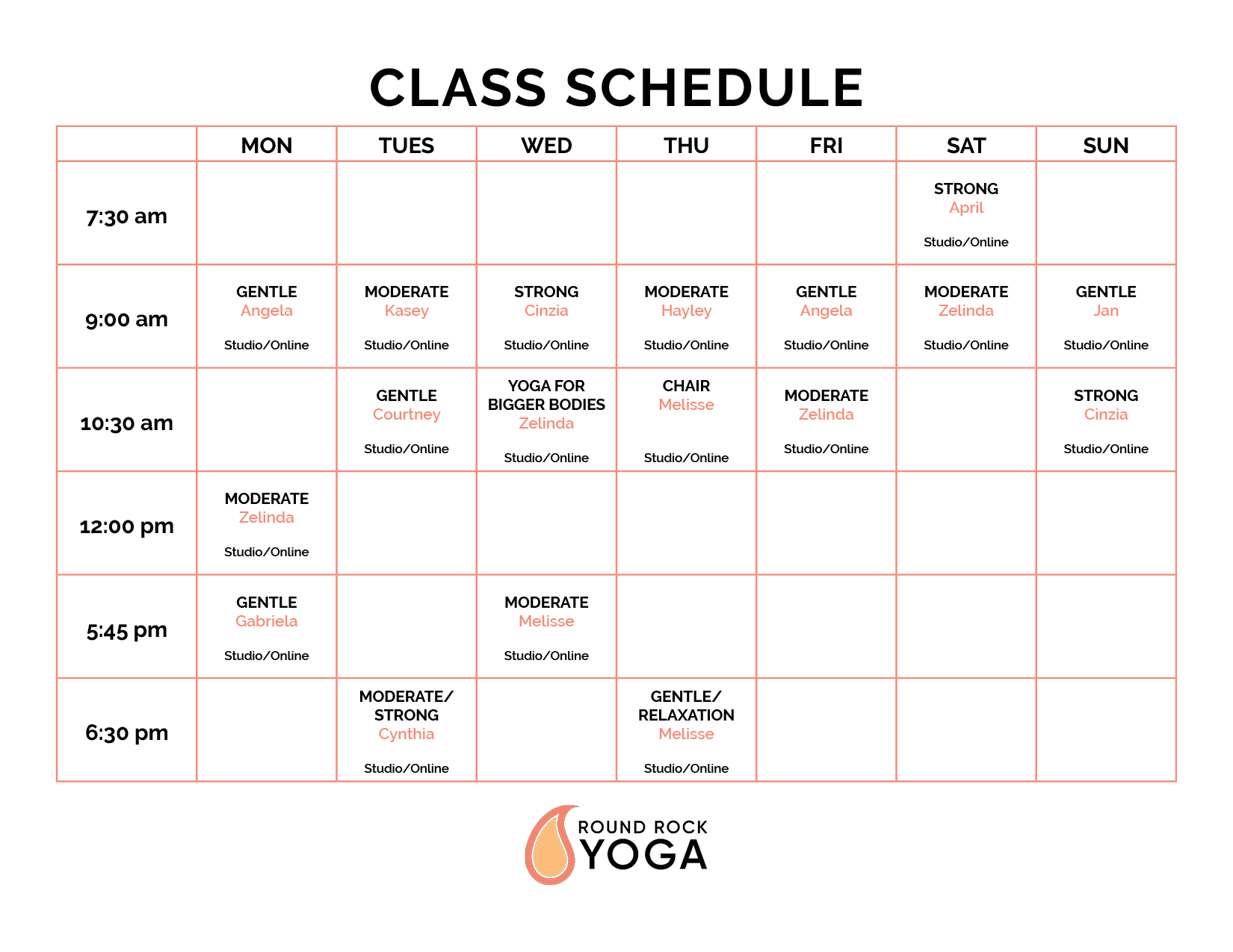 CLASS SCHEDULE — ROUND ROCK YOGA