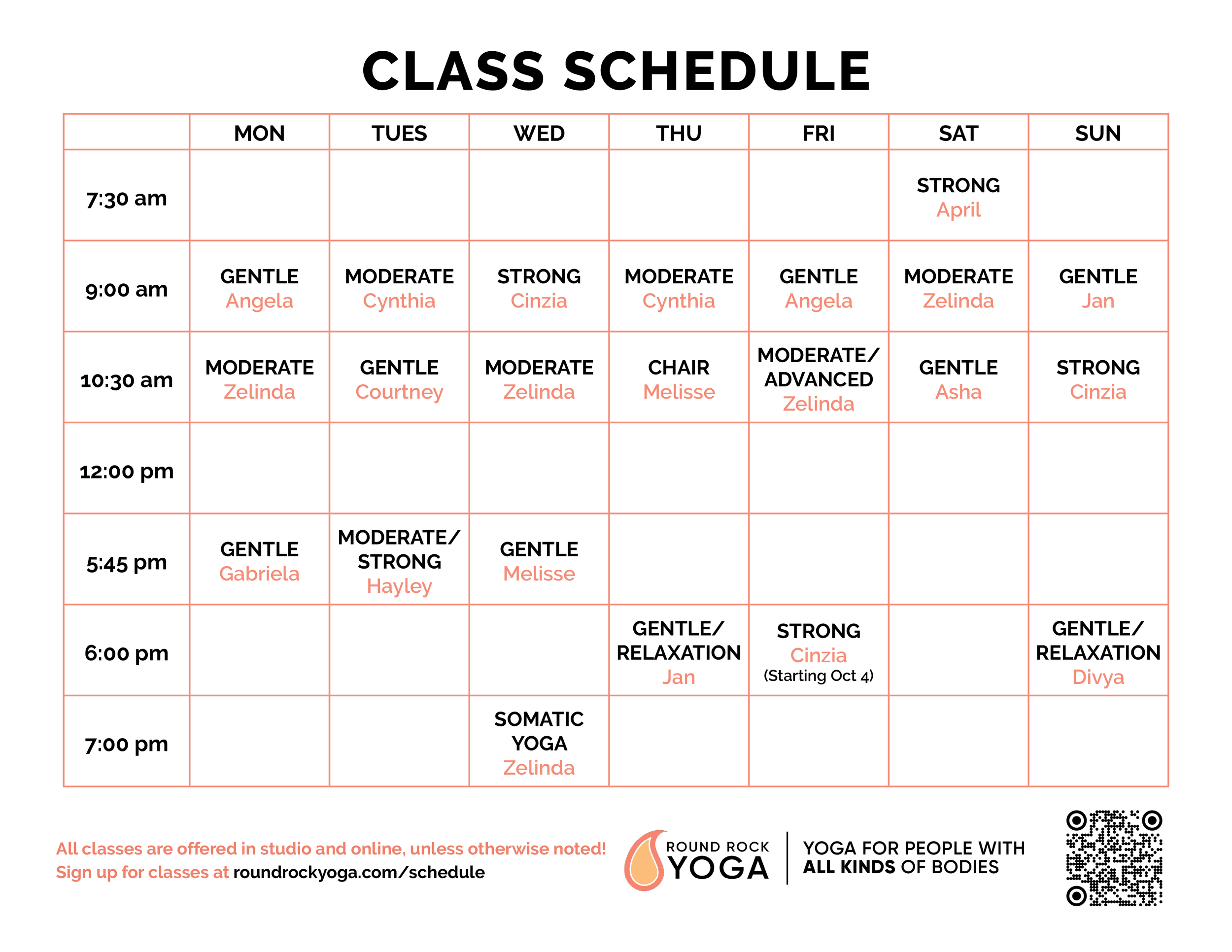 CLASS SCHEDULE — ROUND ROCK YOGA