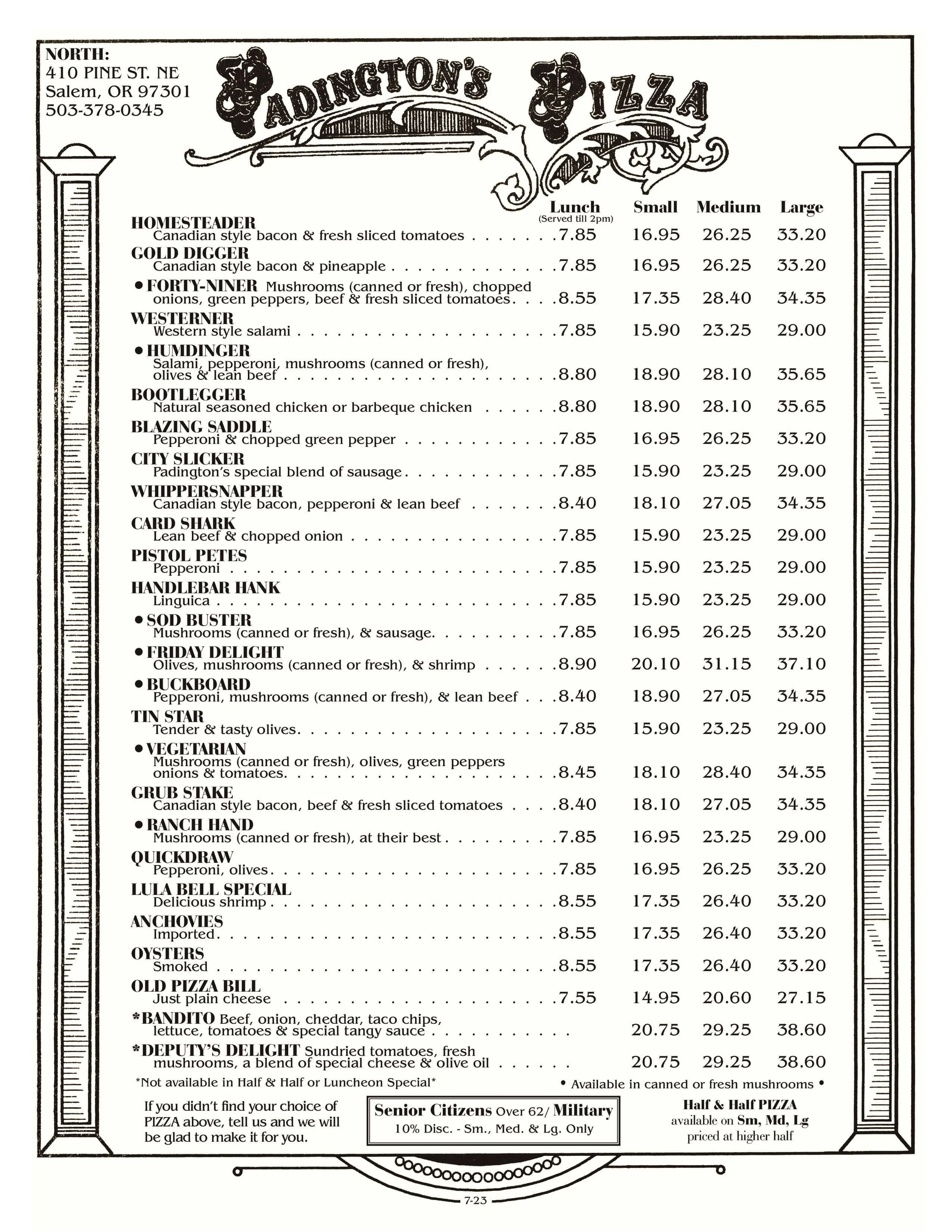 Menu — Padington's Pizza