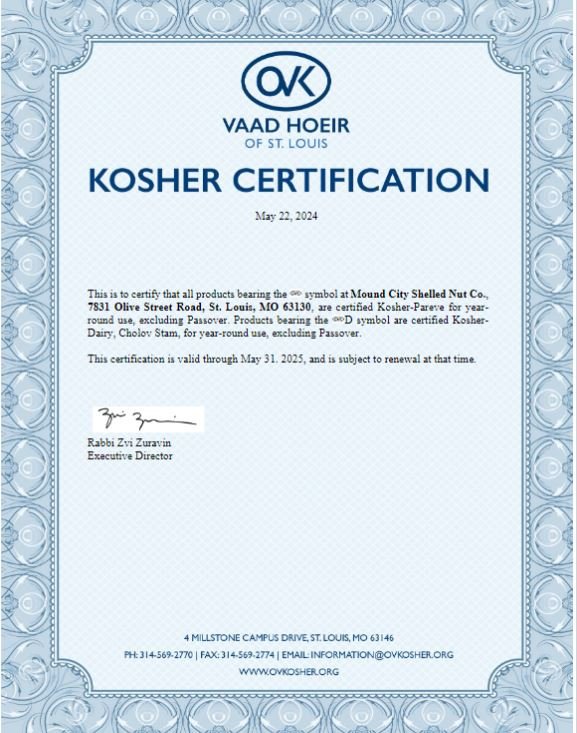 Kosher Certificate — Mound City Shelled Nut Company