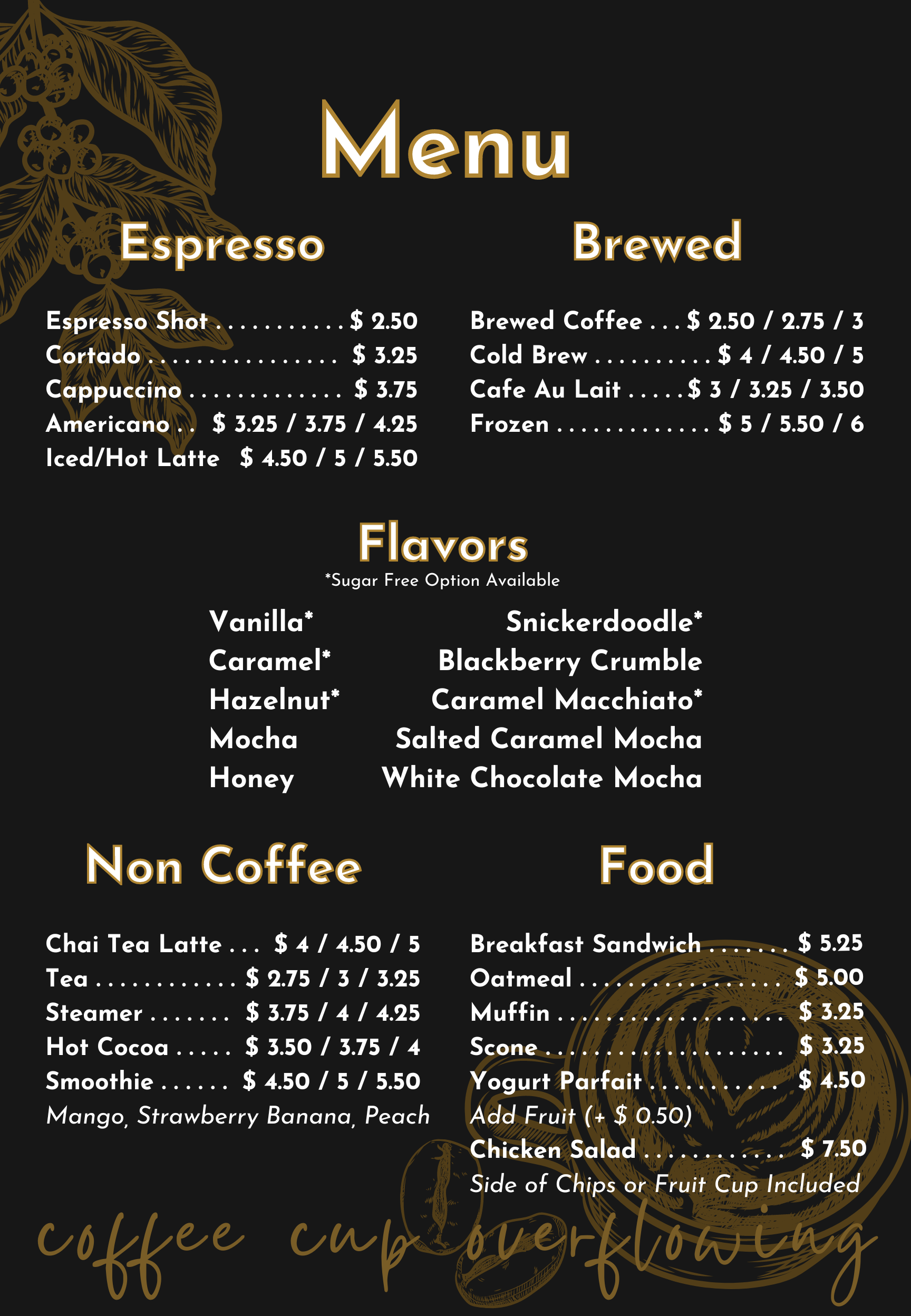 MENU — Coffee Cup Overflowing