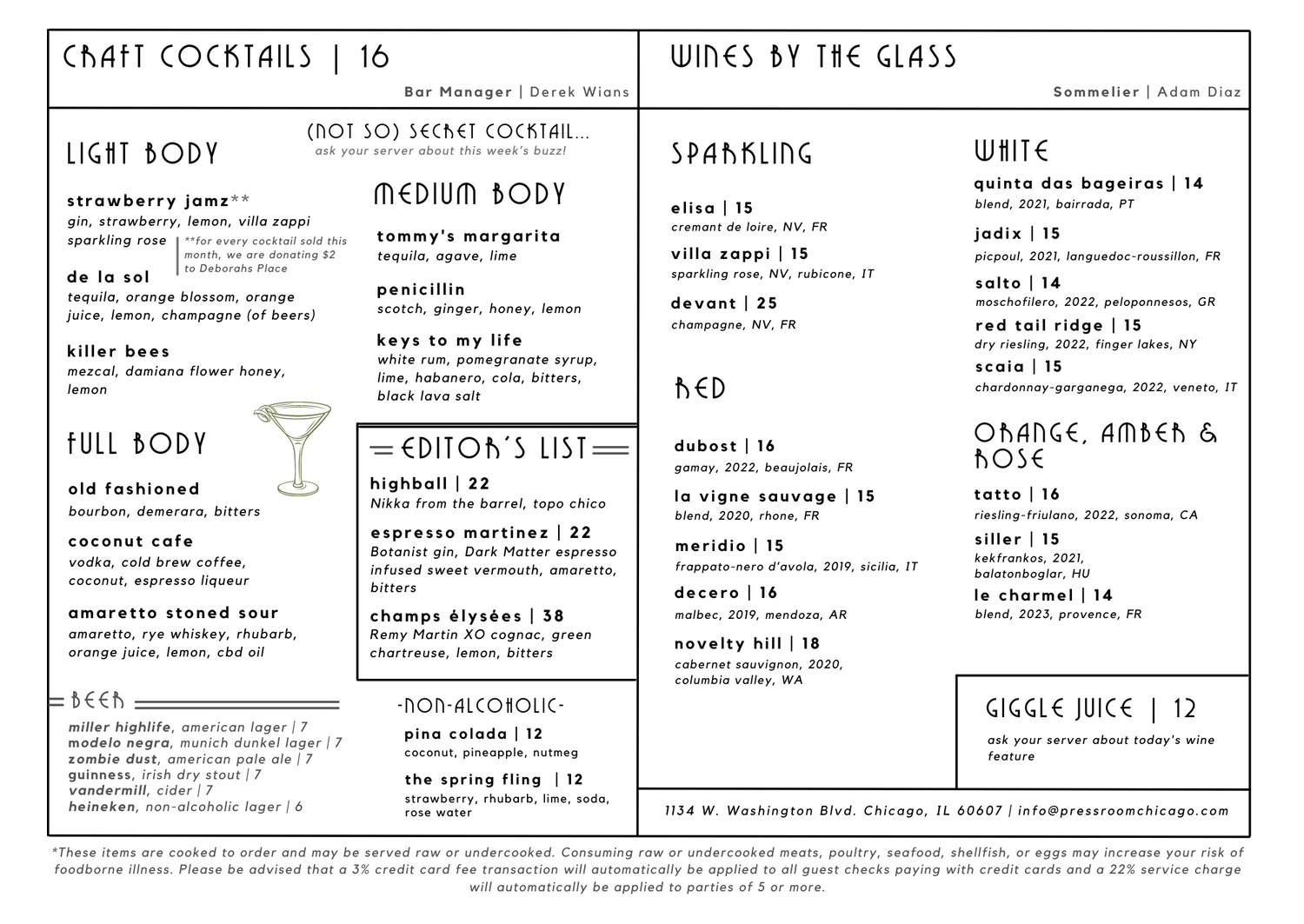Dinner Menu — The Press Room