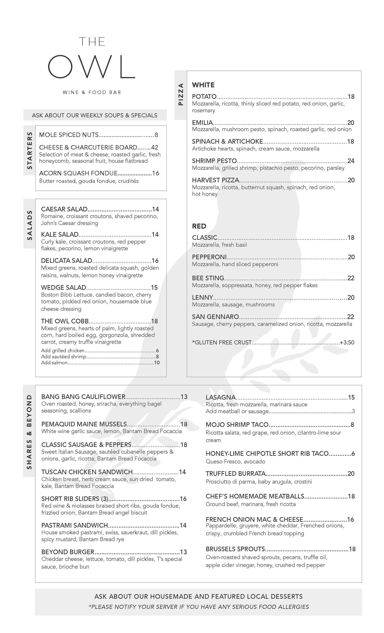 Food Bar Menu | New Preston, Kent & Washington, CT | The Owl — THE OWL ...