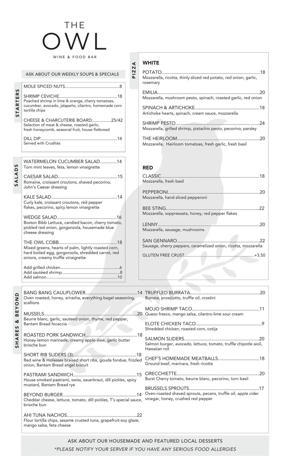Food Bar Menu | New Preston, Kent & Washington, CT | The Owl — THE OWL ...