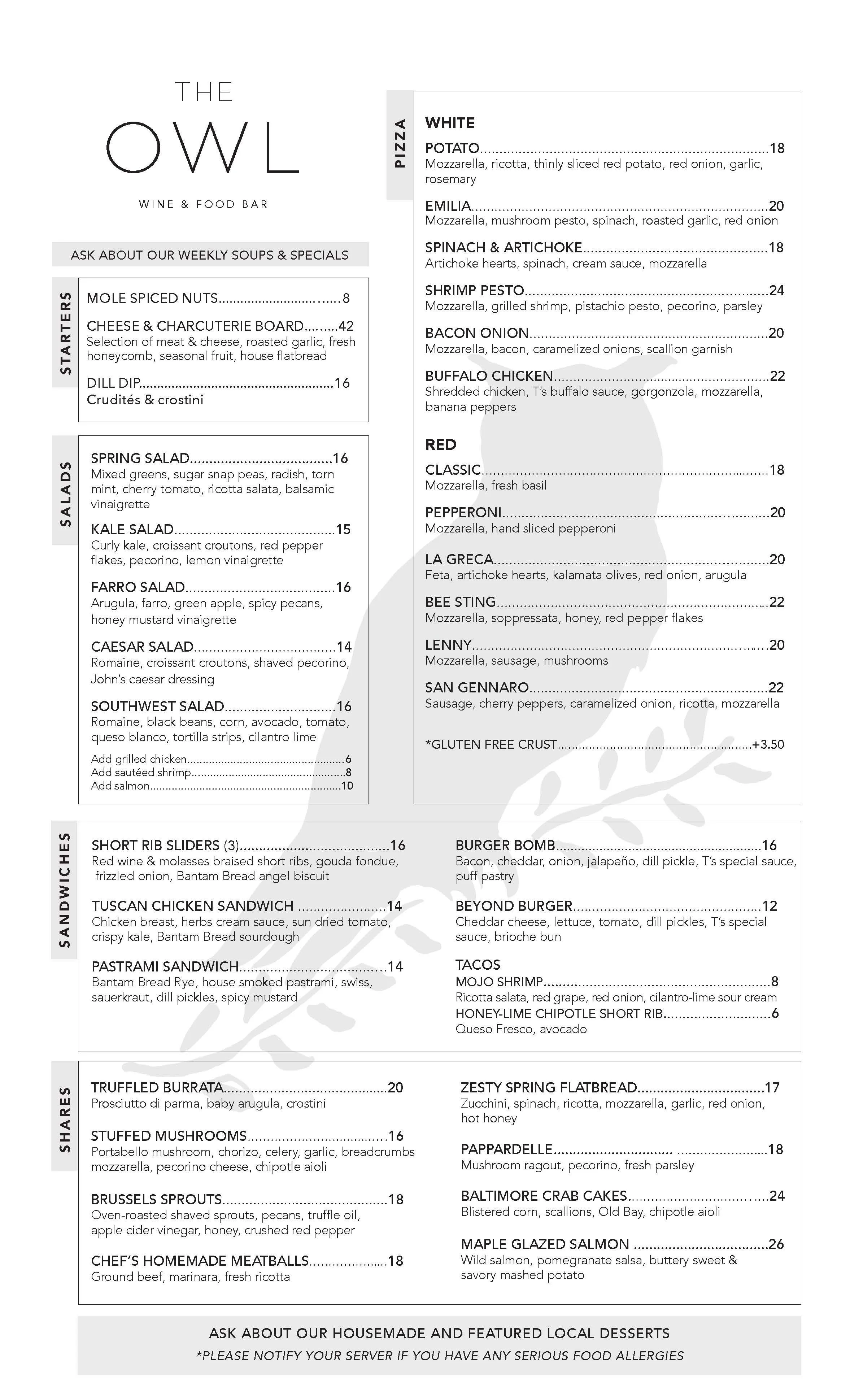 Food Bar Menu | New Preston, Kent & Washington, CT | The Owl — THE OWL ...