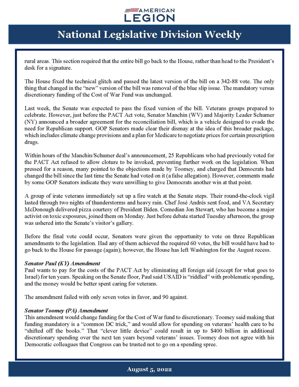 National Legislative Update — Hollywood Post 43 The American Legion