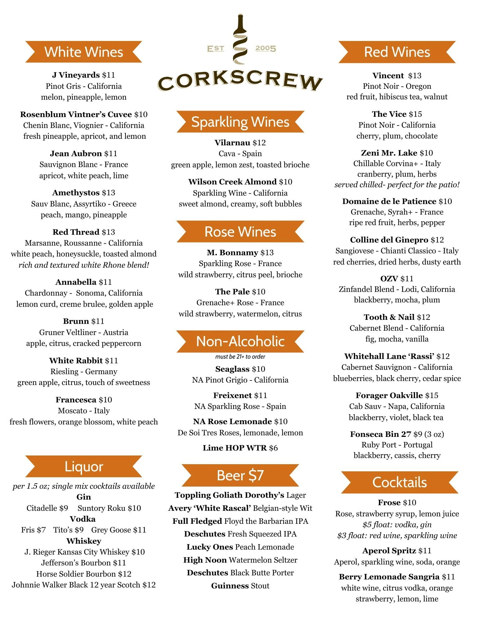 Rockbrook Drink & Food Menu — Corkscrew Wine & Cheese