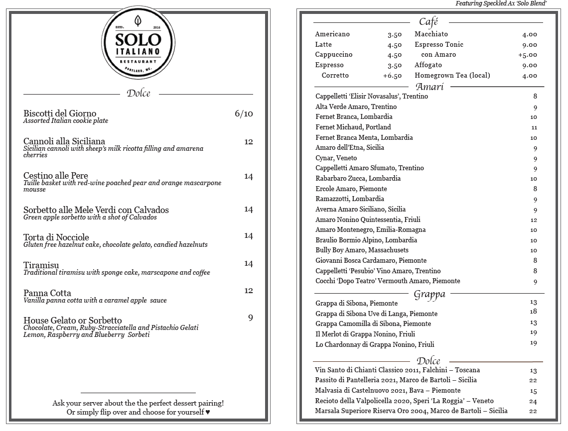 Menu — Solo Italiano Restaurant