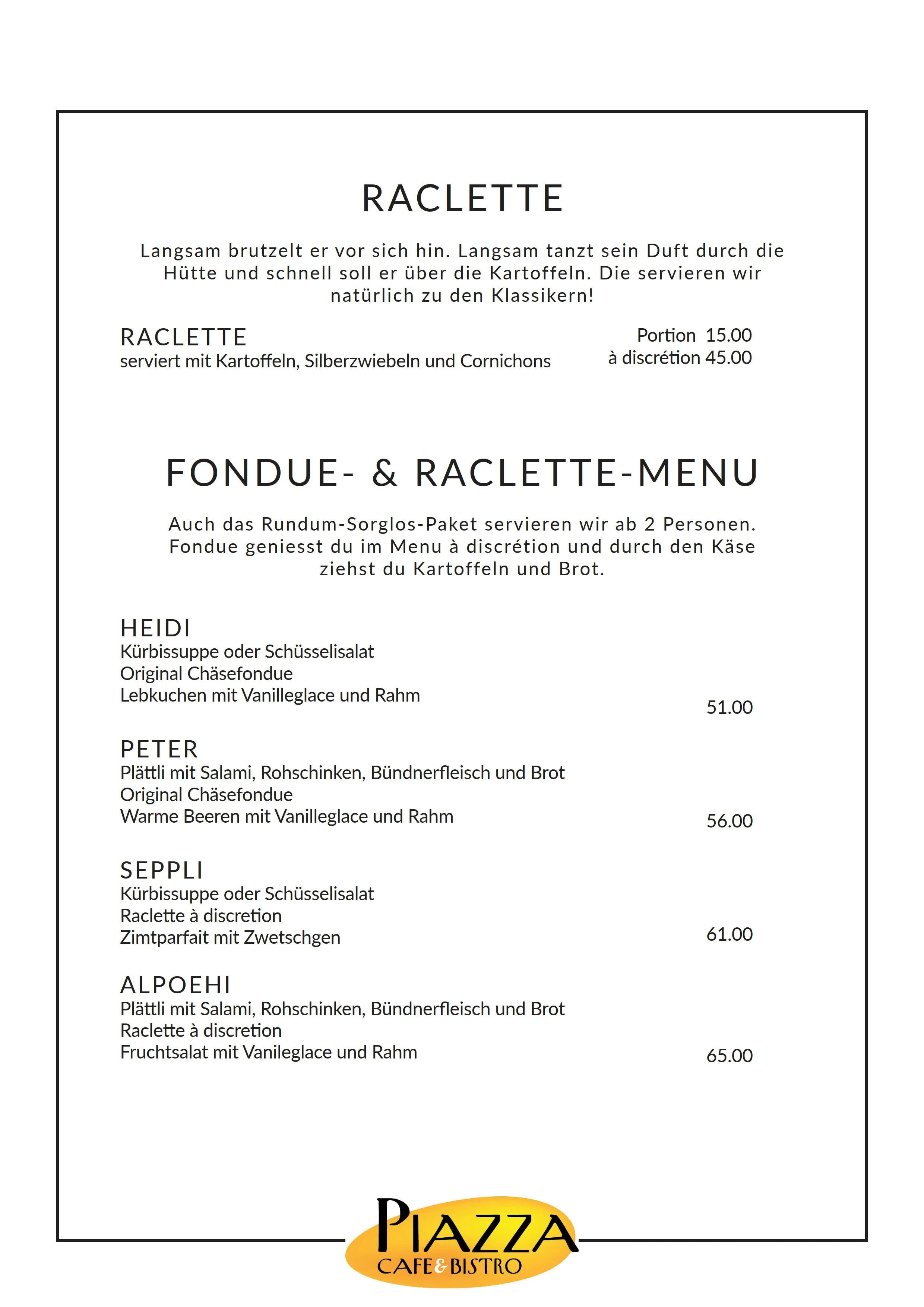 Fondue Menu — Piazza Frick