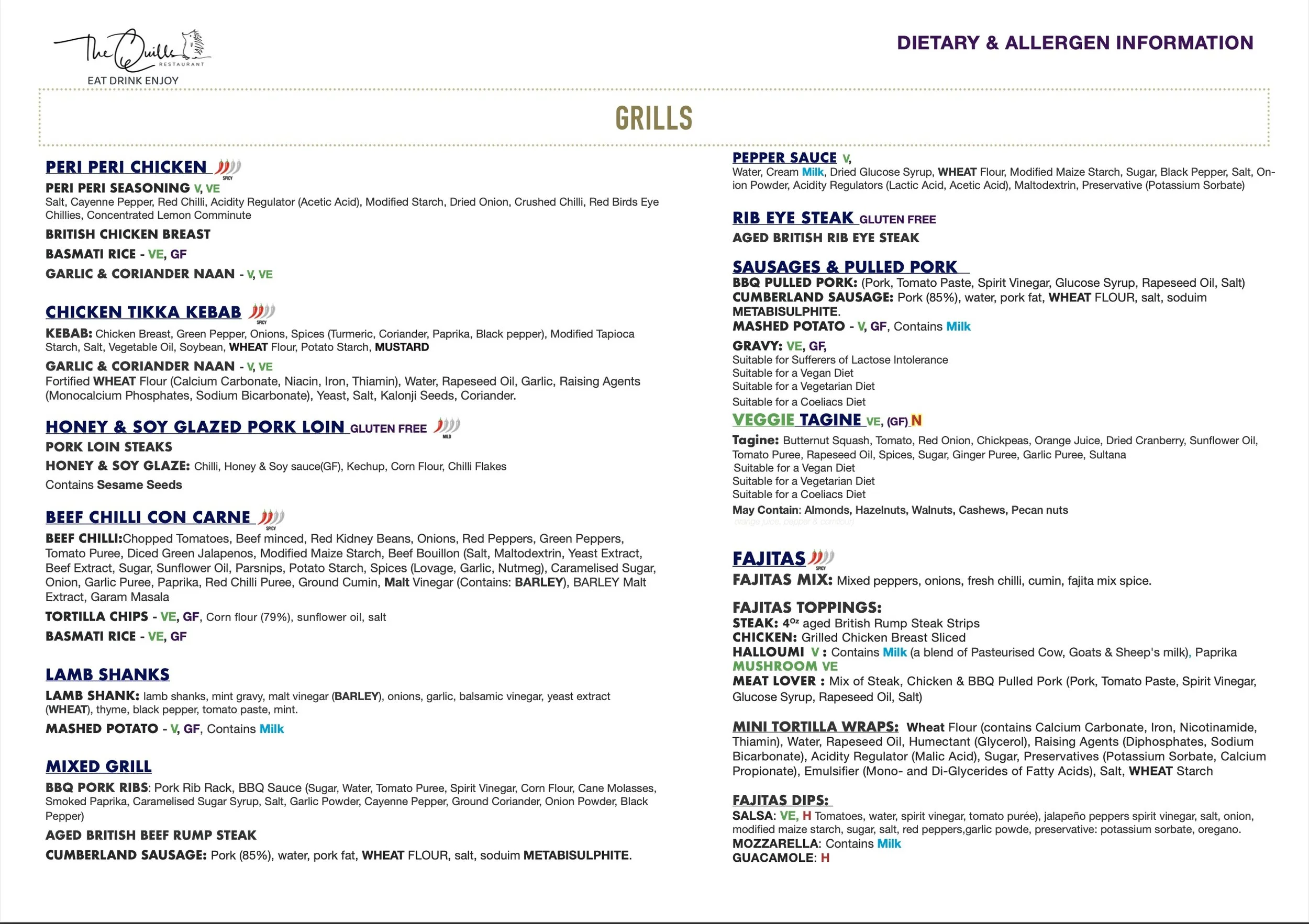 DIETARY INFORMATION — The Quills